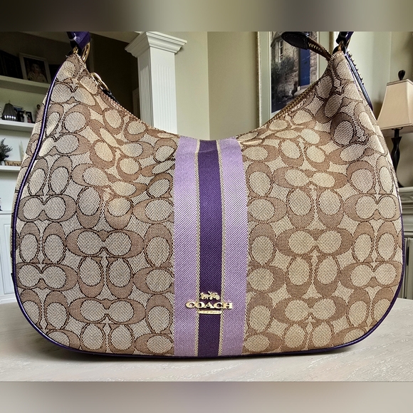 Coach | Bags | Coach Signature Jacquard Purple Stripe Zip Hobo Style ...